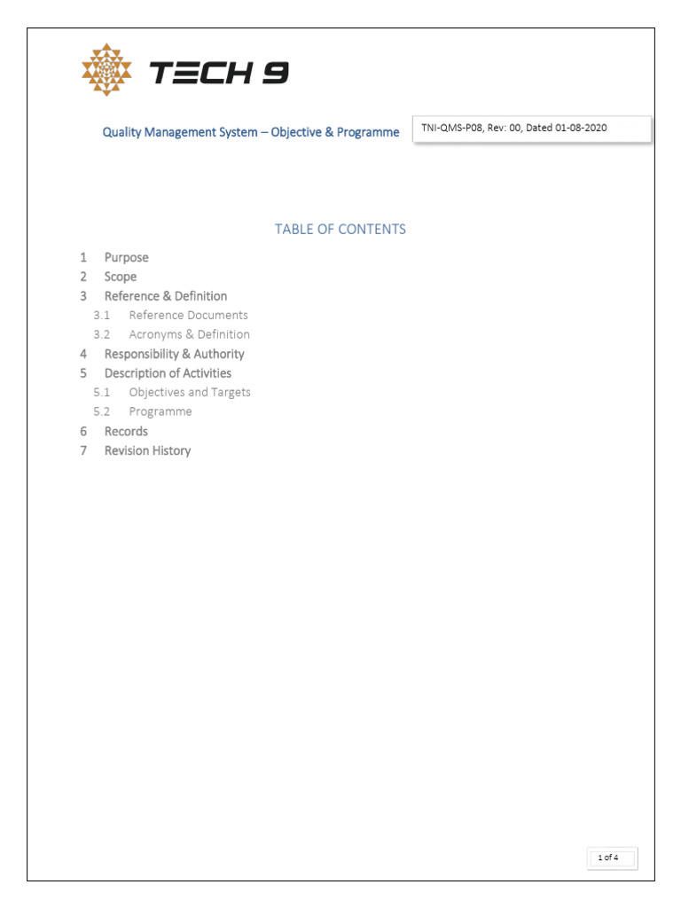 TNI-QMS-P08 Objectives and Programme | PDF | Quality Management System ...