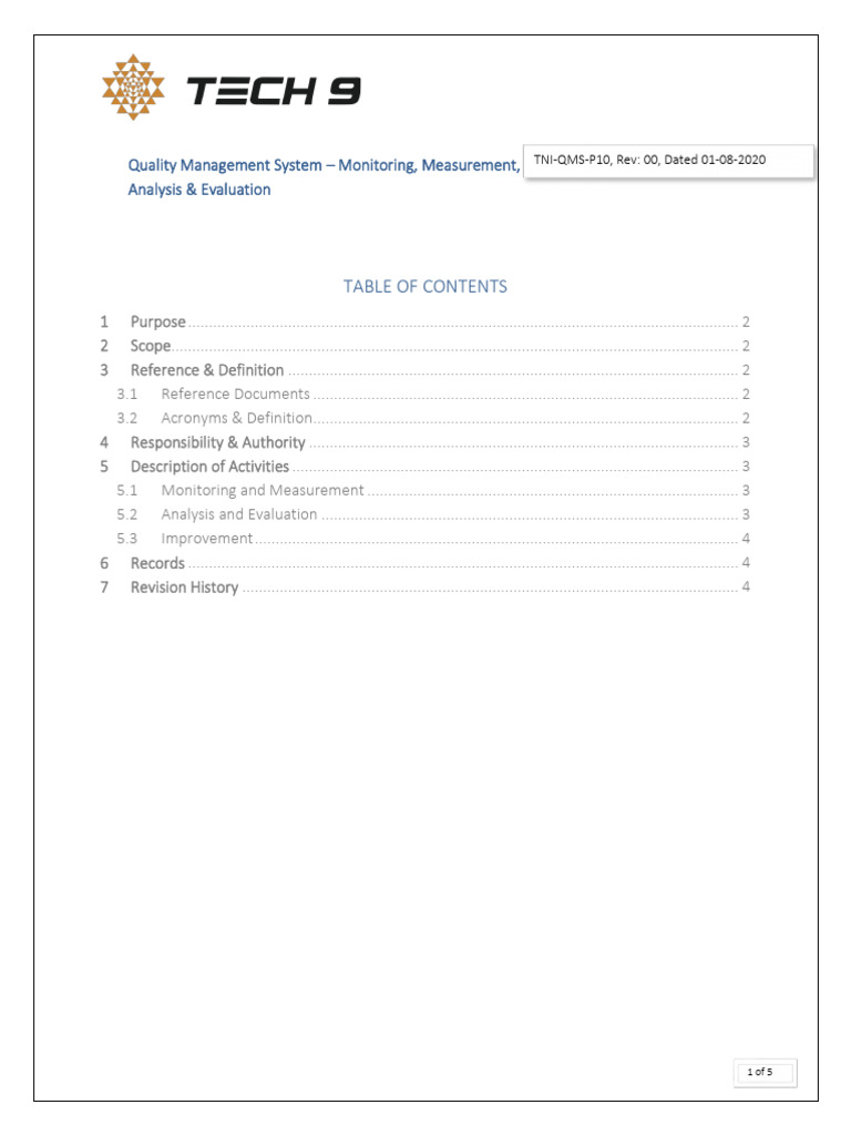 TNI-QMS-P10 Monitoring, Measurement, Analysis & Evaluation | PDF ...