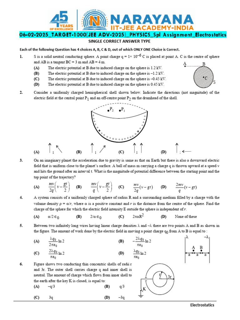 06-02-2025 - TARGET-1000 (JEE ADV-2025) - PHYSICS - SPL Assignment - Electrostatics | PDF ...