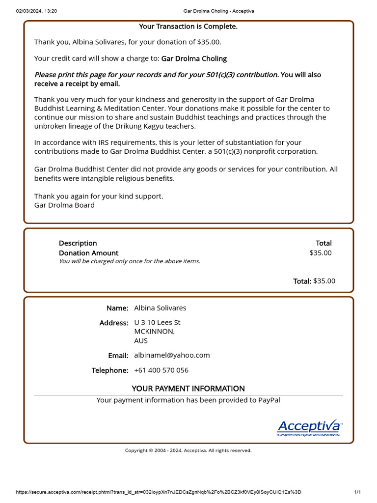 Donation Receipt for Gar Drolma Center | PDF