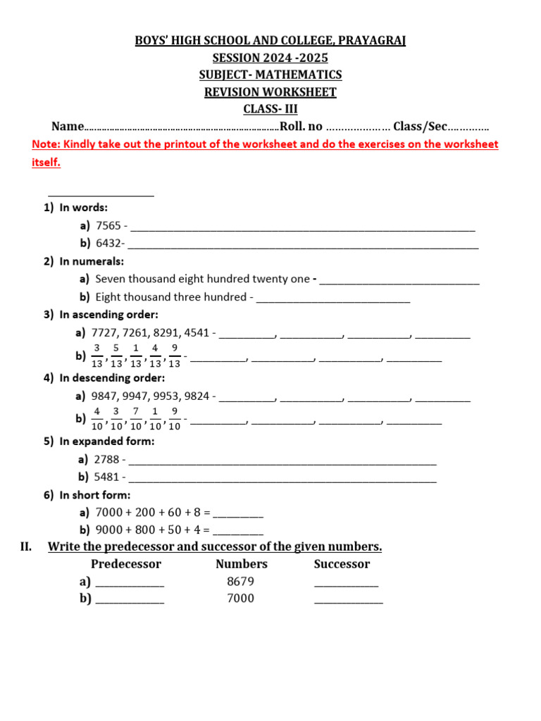 Class 3 Mathematics Revision Worksheet 2024-2025 | PDF | Rupee