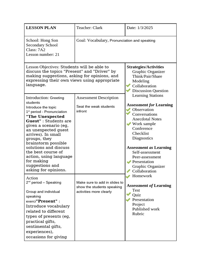 7A2 Vocabulary & Speaking Lesson Plan | PDF | Lesson Plan | Behavior ...