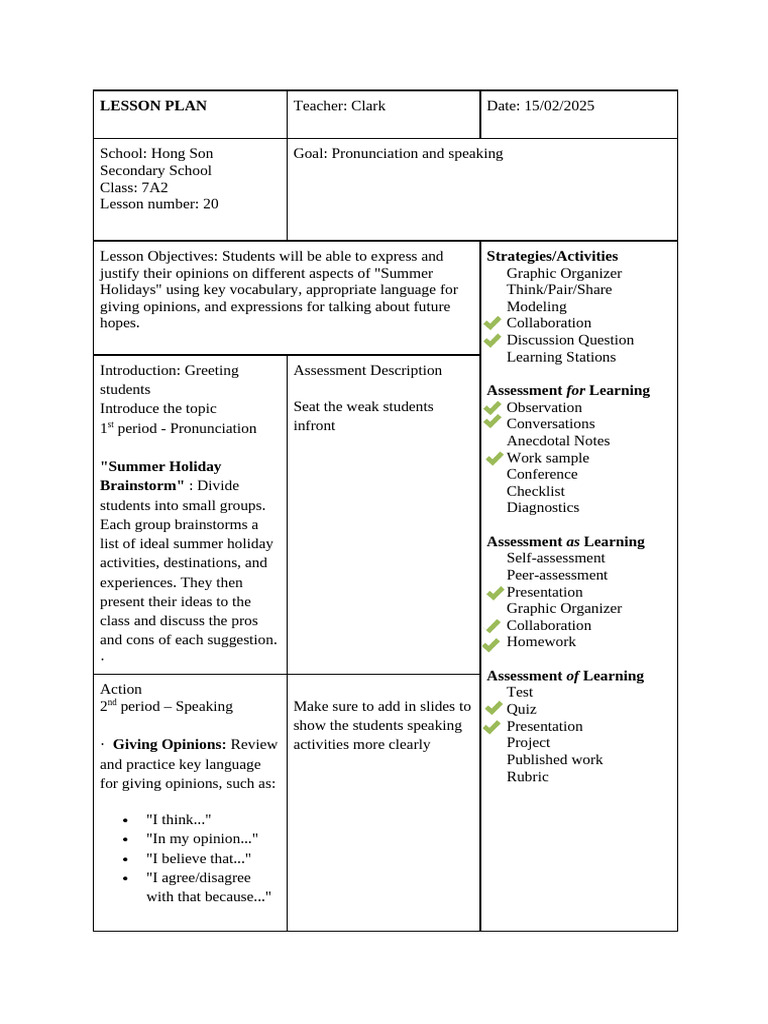 7A2 Lesson Plan: Summer Holidays | PDF | Lesson Plan | Education Theory