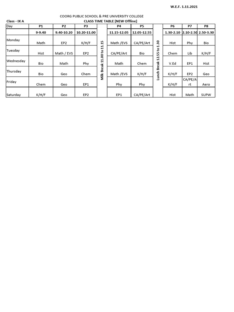 Ix Std. New Offline Time Table 2021-22 | PDF