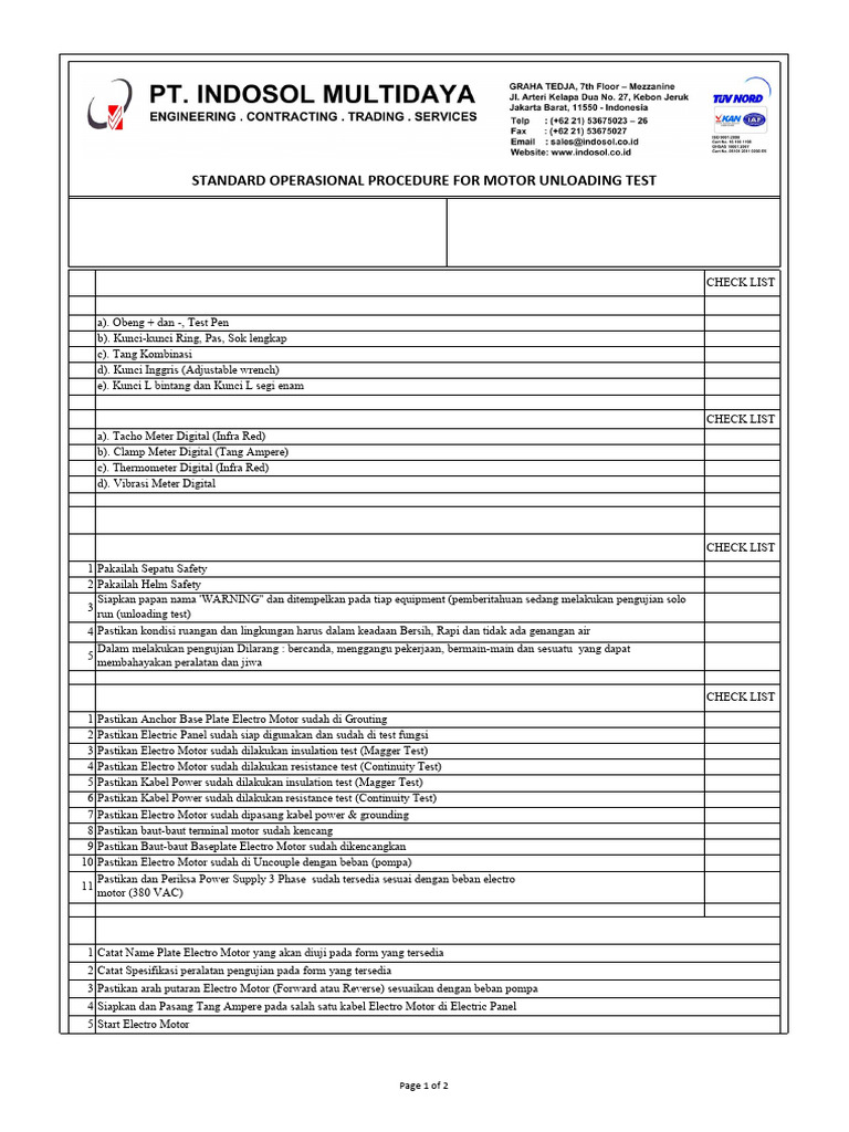 SOP Motor Unload Test & Form | PDF