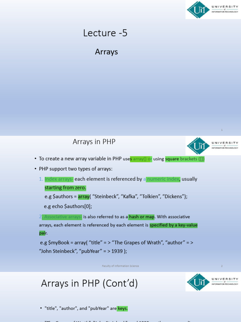 Lecture 5 Arrays | PDF | Php | Computer Programming Lecture 5 Arrays | PDF | Php | Computer Programming