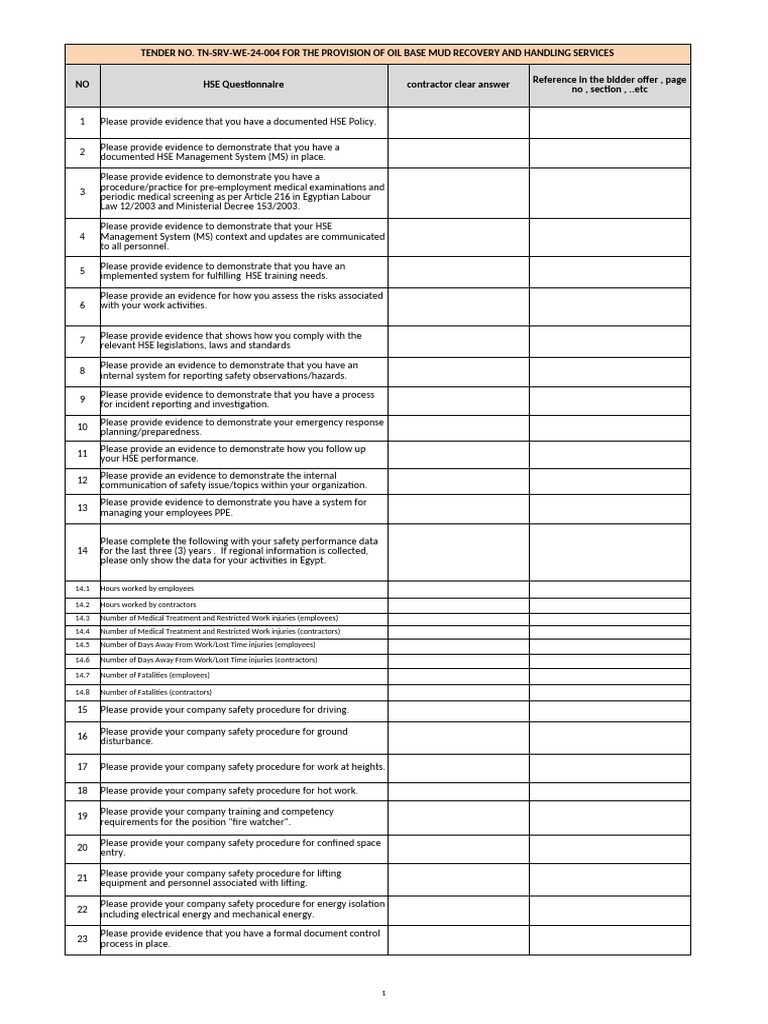 HSE Questionnaire Without Model Answer | PDF | Safety | Working Conditions