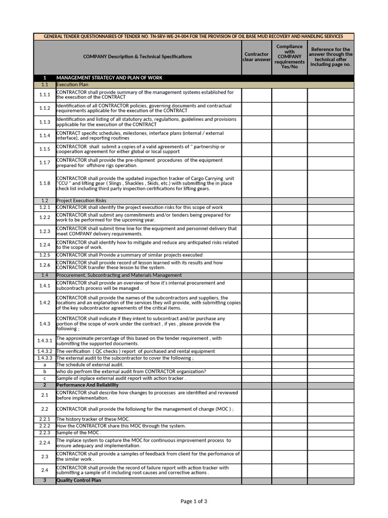 Tender Questionnaire for Oil Mud Services | PDF | Quality Management ...