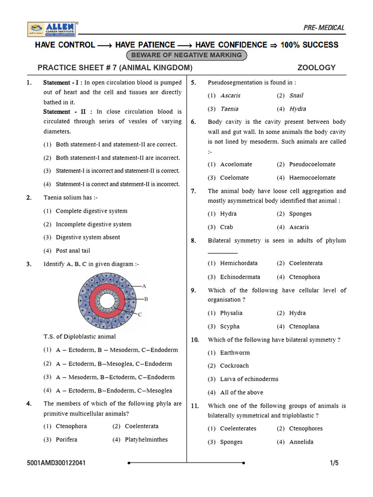 Practice Sheet # 7 (Animal Kingdom) | PDF | Zoology
