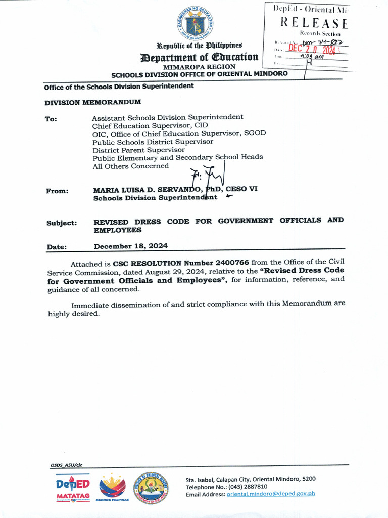 DM Revised Dress Code For Government Officials and Employees | PDF