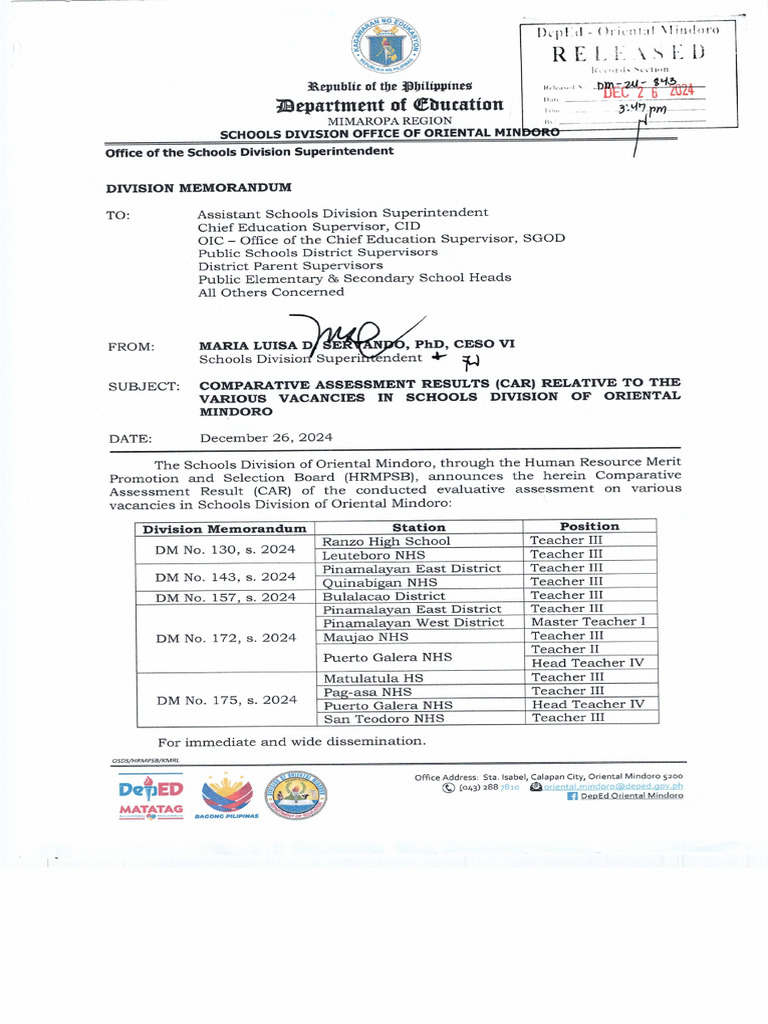 DM Comparative Assessment Results CAR Relative To The Various Vacancies ...