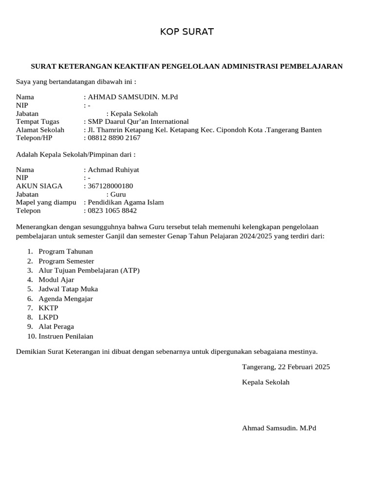 Contoh Surat Keterangan Manajerial | PDF