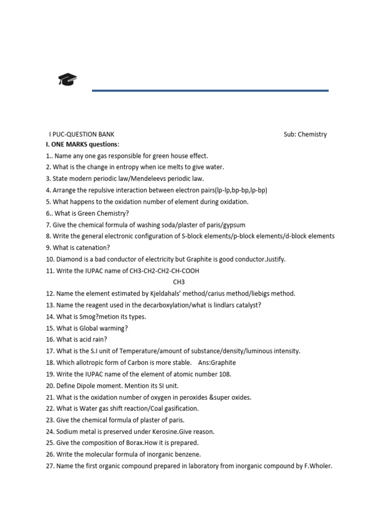 1st Pu Chemistry Question Bank | PDF | Chemical Equilibrium | Chemical Reactions