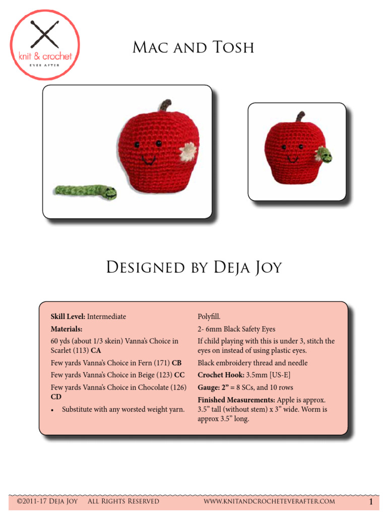 Mac and Tosh Apple With Removable Worm Friend | PDF | Crochet | Embroidery