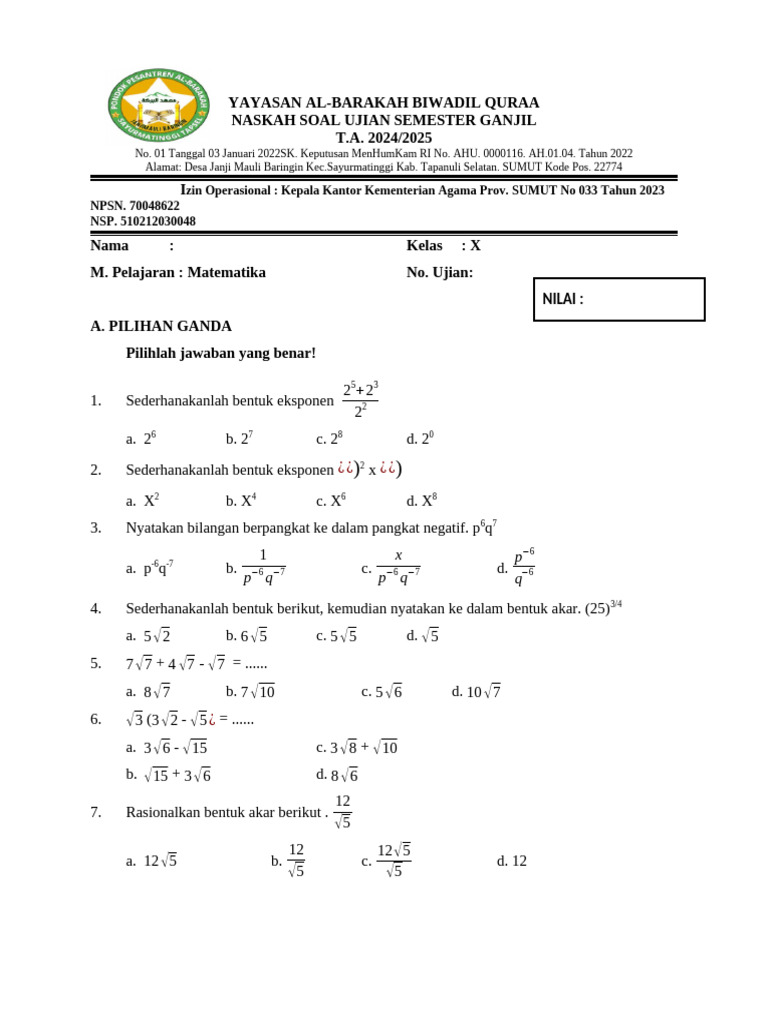 Soal MTK Kls 10 | PDF