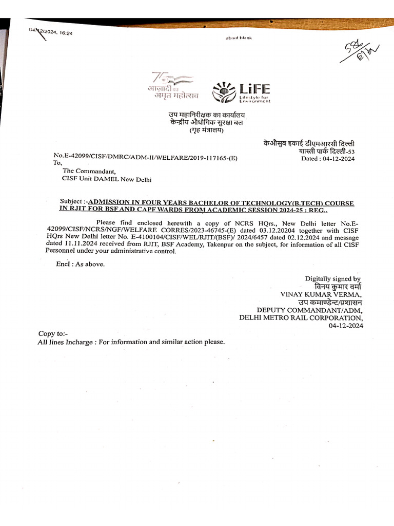 (E) Admission in Four Years Bachelor of Technology (B.tech.) Course in ...