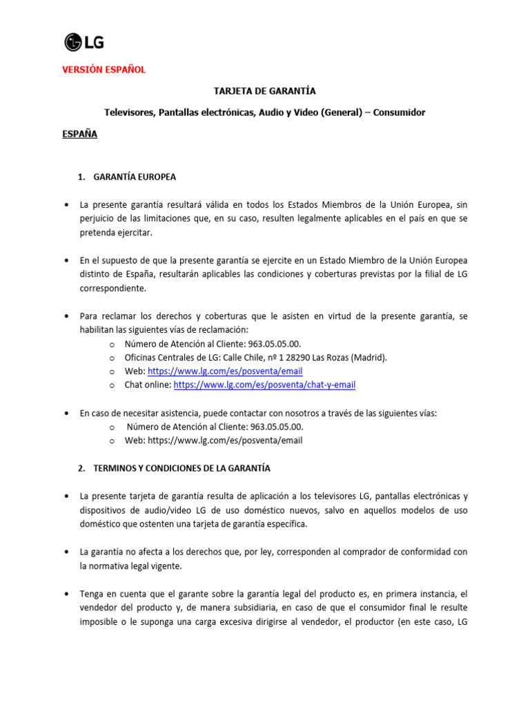 LG-Warranty Card - TV-AV-PE (B2C) - VF (Version ESP-CAT) | PDF | Los ...