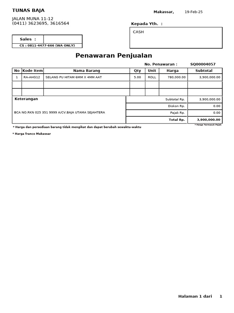 CASH-Invoice Penawaran Penjualan-SQ00004057 | PDF