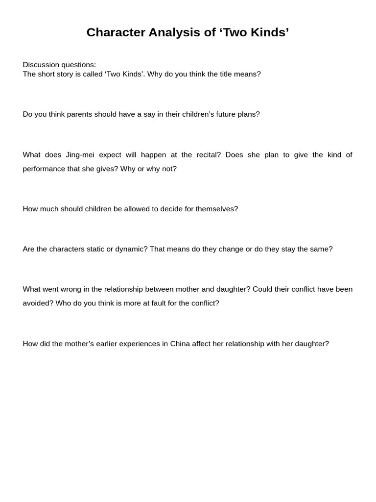 Character Analysis Two Kinds | PDF