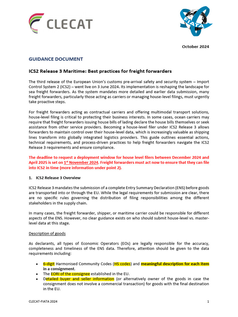 ICS2 Release 3 Maritime: Best Practices For Freight Forwarders | PDF ...