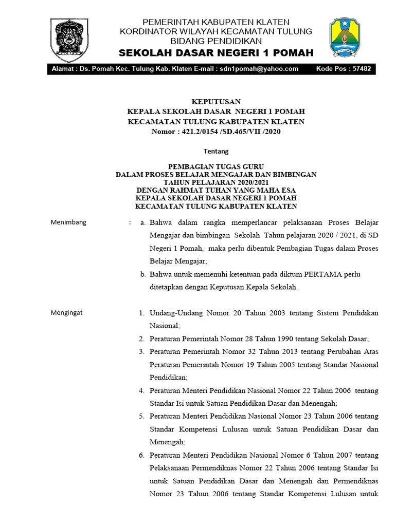 Pembagian Tugas Guru SDN 1 Pomah 2020 | PDF