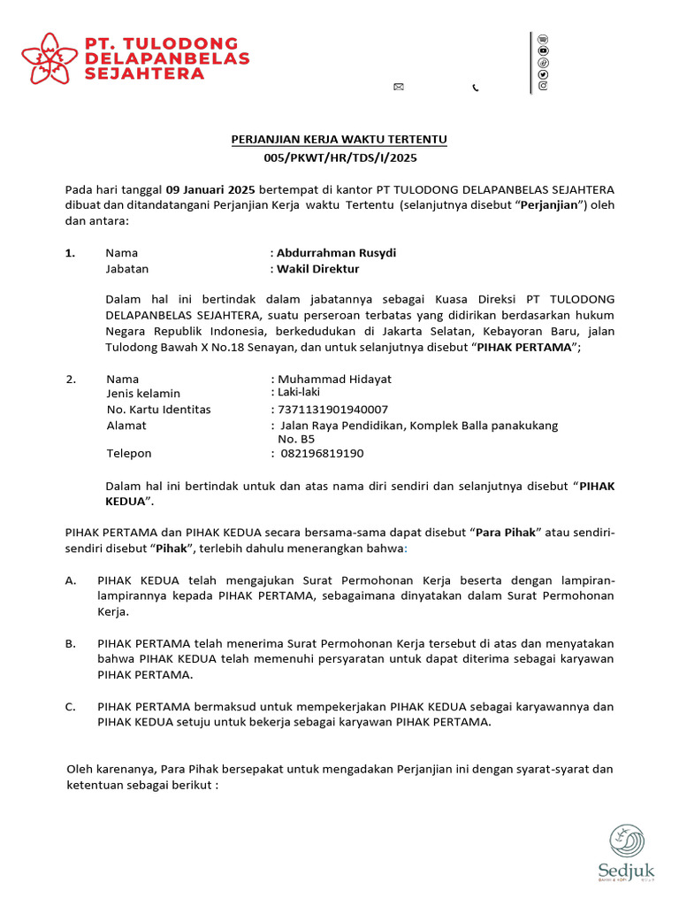 PKWT - M Hidayat - Ditandatangani | PDF