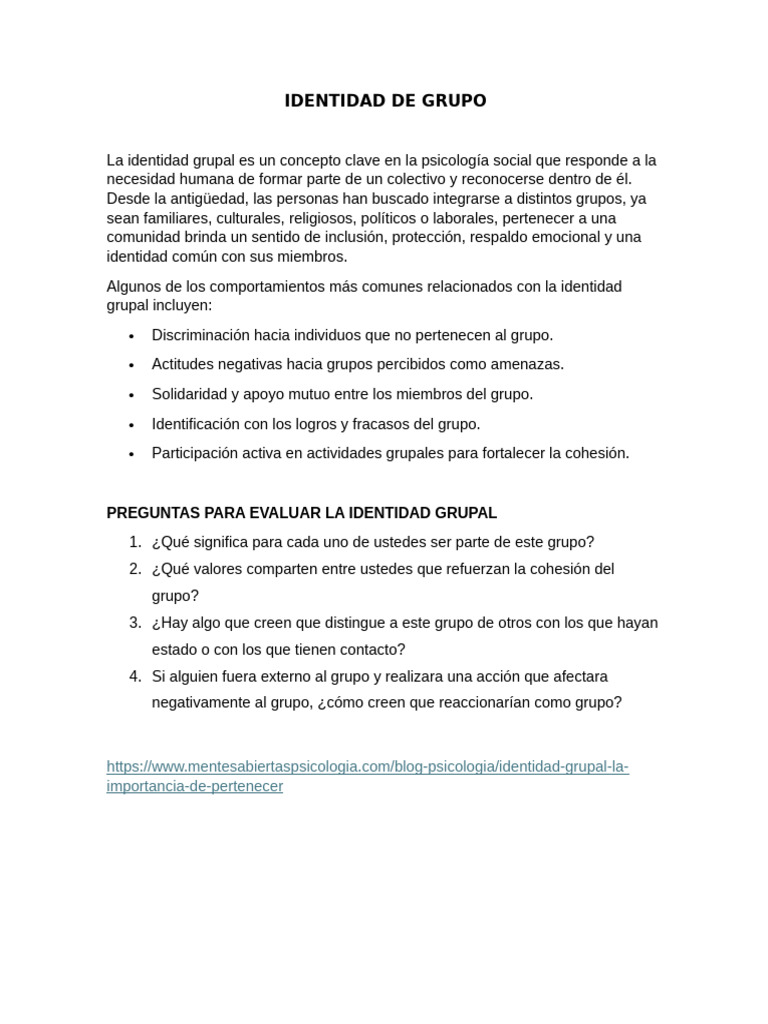 Importancia de la Identidad Grupal | PDF