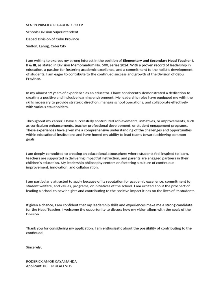 application letter for head teacher | PDF