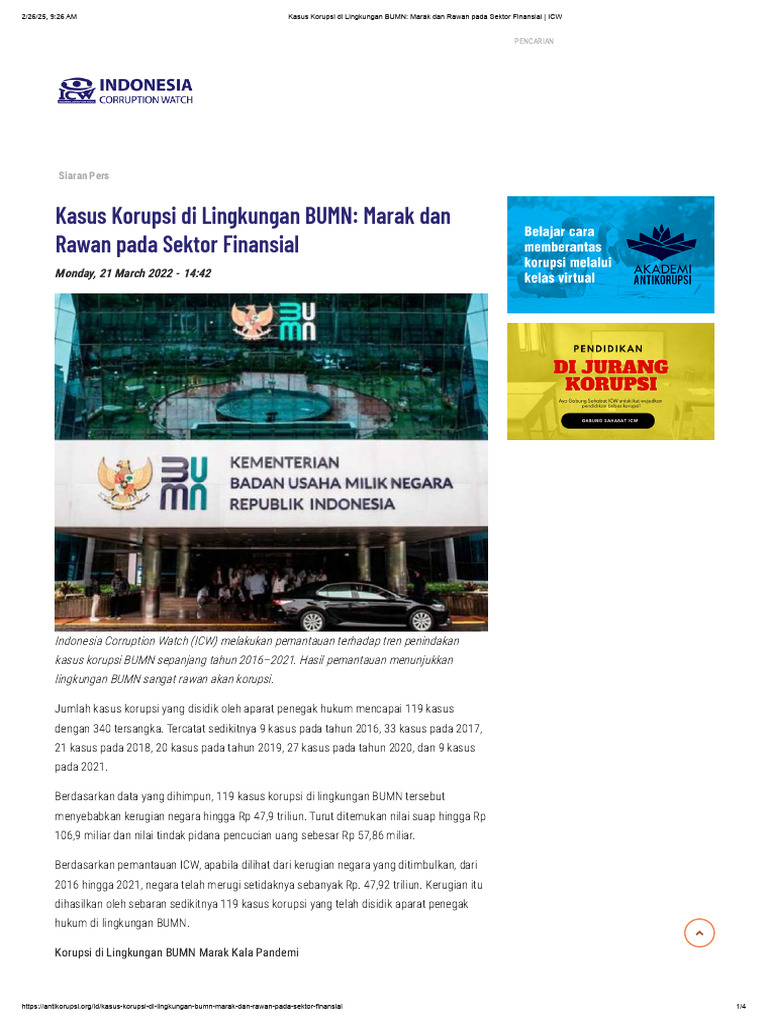 Kasus Korupsi Di Lingkungan BUMN - Marak Dan Rawan Pada Sektor Finansial - ICW | PDF