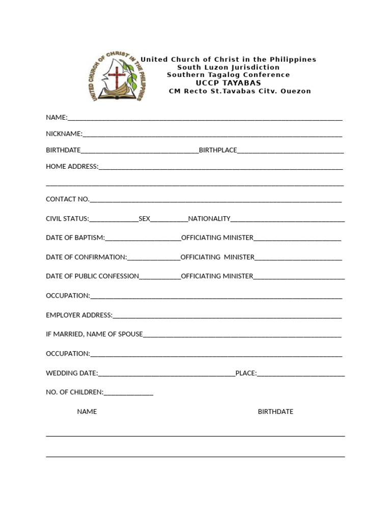 UCCP Membership Application Form | PDF | Baptism | Protestant ...