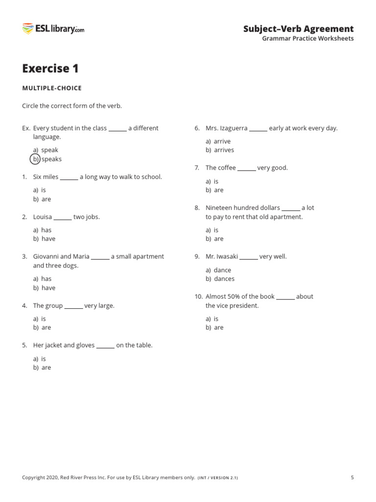Subject-Verb Agreement - Grammar Practice Worksheets - ESL Library ...