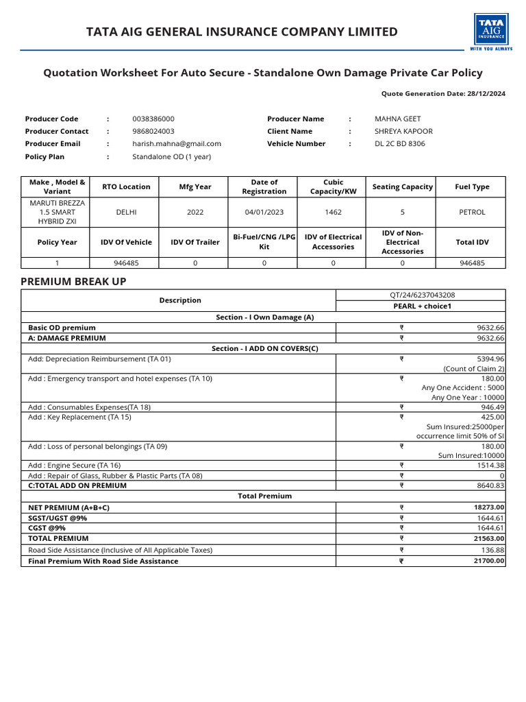 Tata AIG Motor Premium Quote - 3184 - QT246237043208 | PDF | Insurance ...