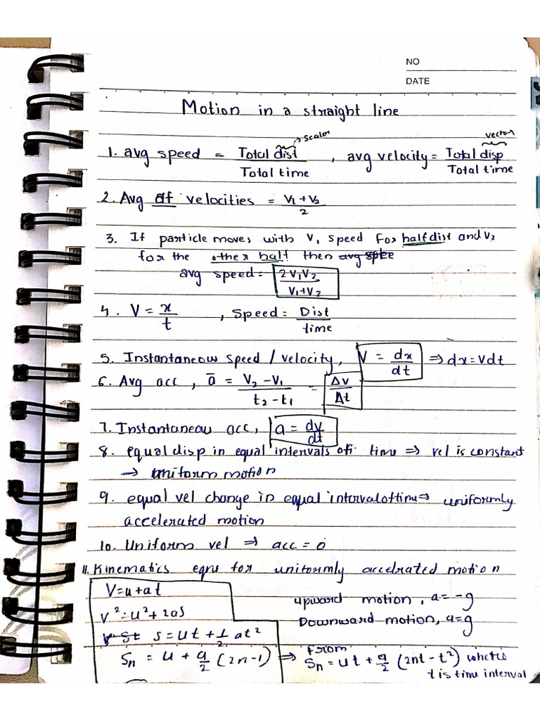 Motion in A Straight Line Short Notes | PDF