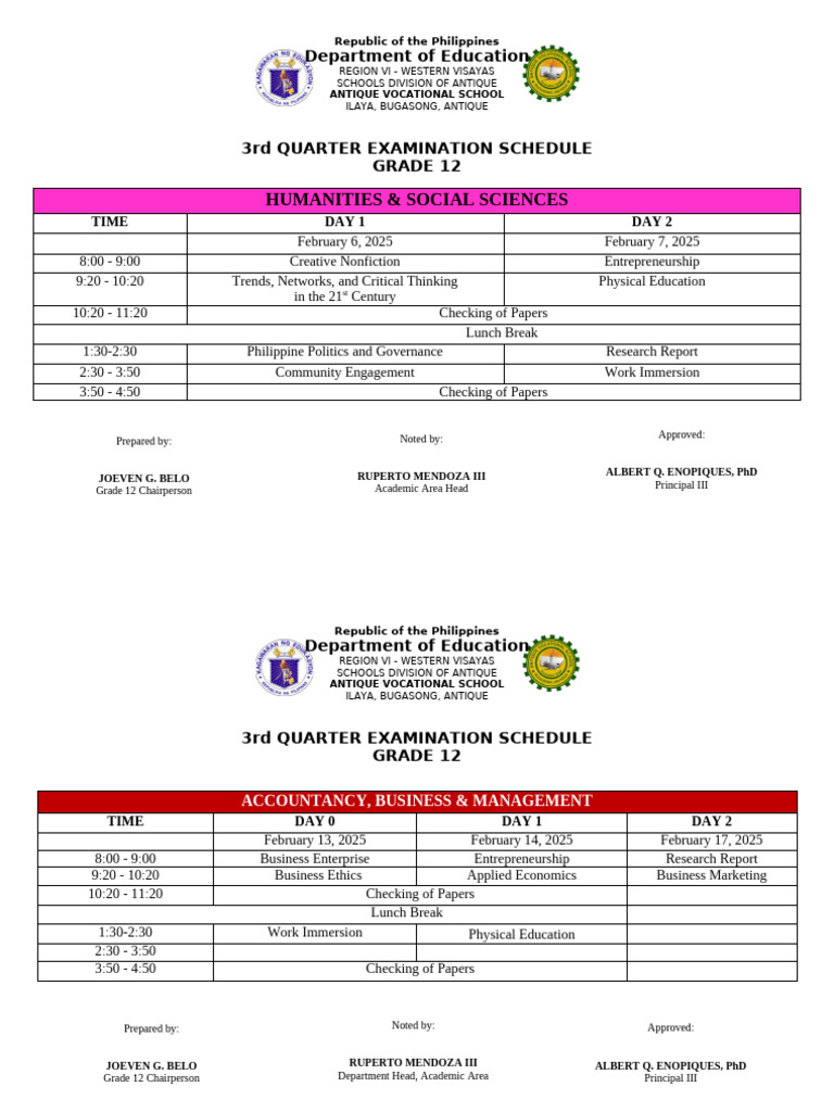 Grade 12 3rd Quarter Exam Schedule | PDF