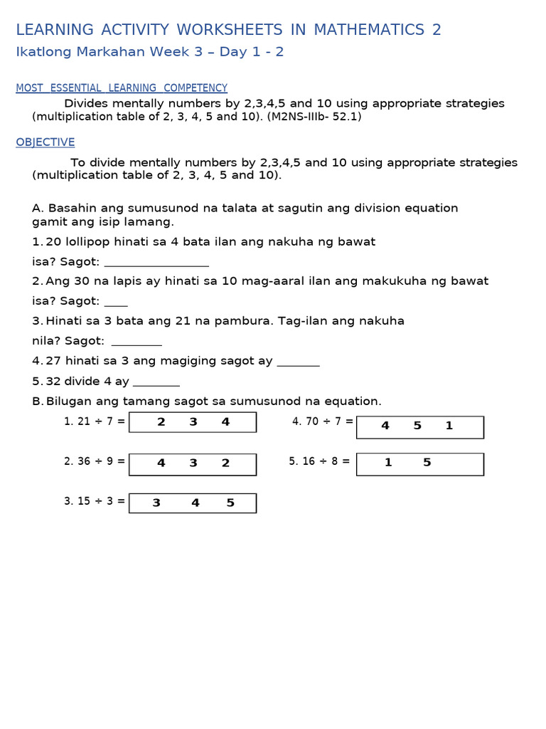Learning Activity Worksheets in Mathematics 2 | PDF