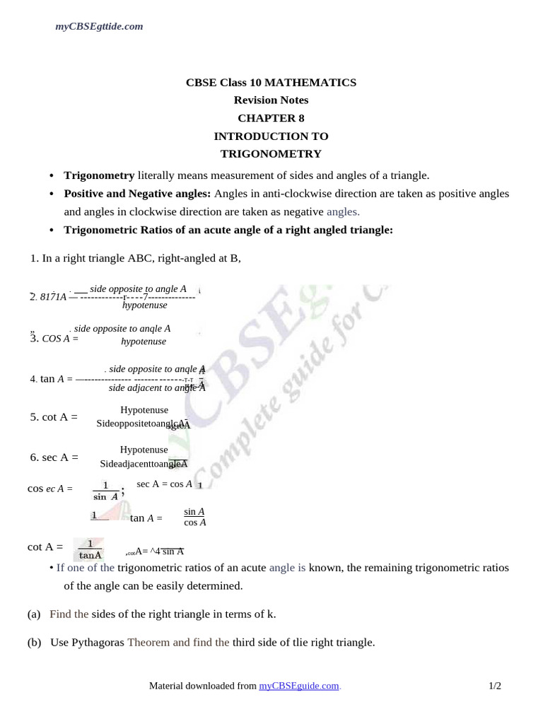 Class 10 Trigonometry Revision Notes | PDF | Trigonometry ...