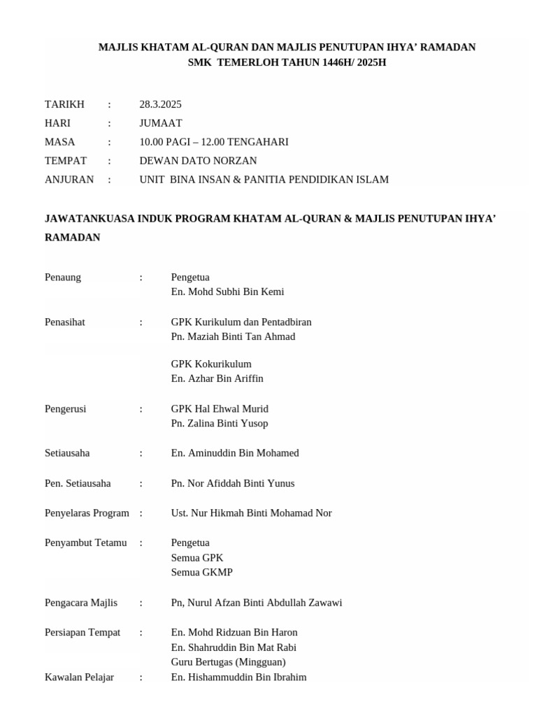 Tentatif Majlis Khatam Al-Quran | PDF