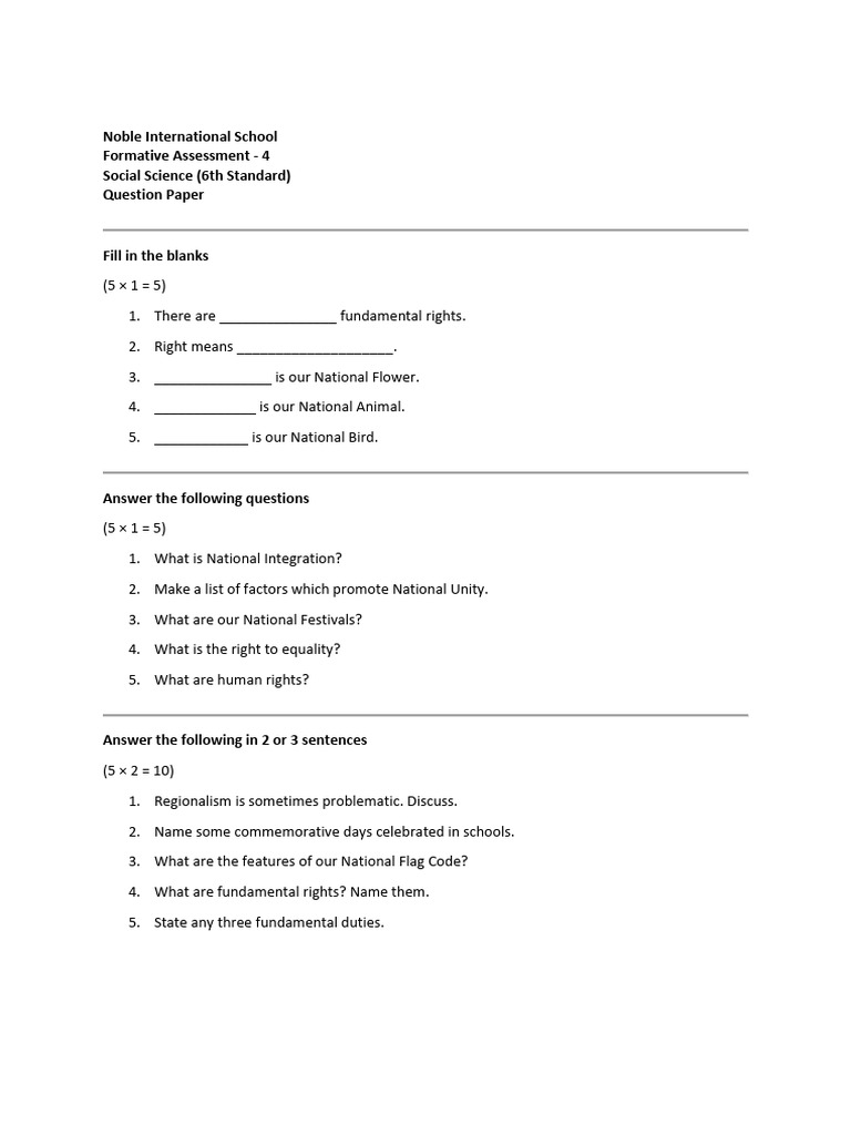 6th Grade Social Science Exam | PDF