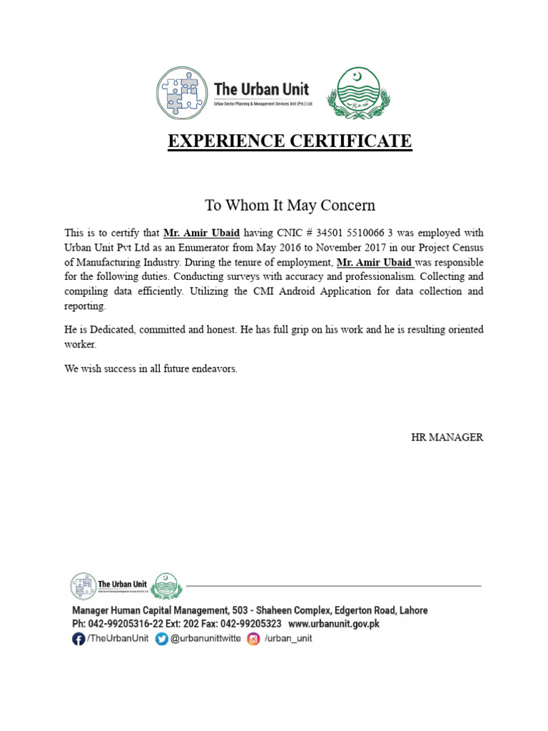 Enumerator Experience Certificate | PDF