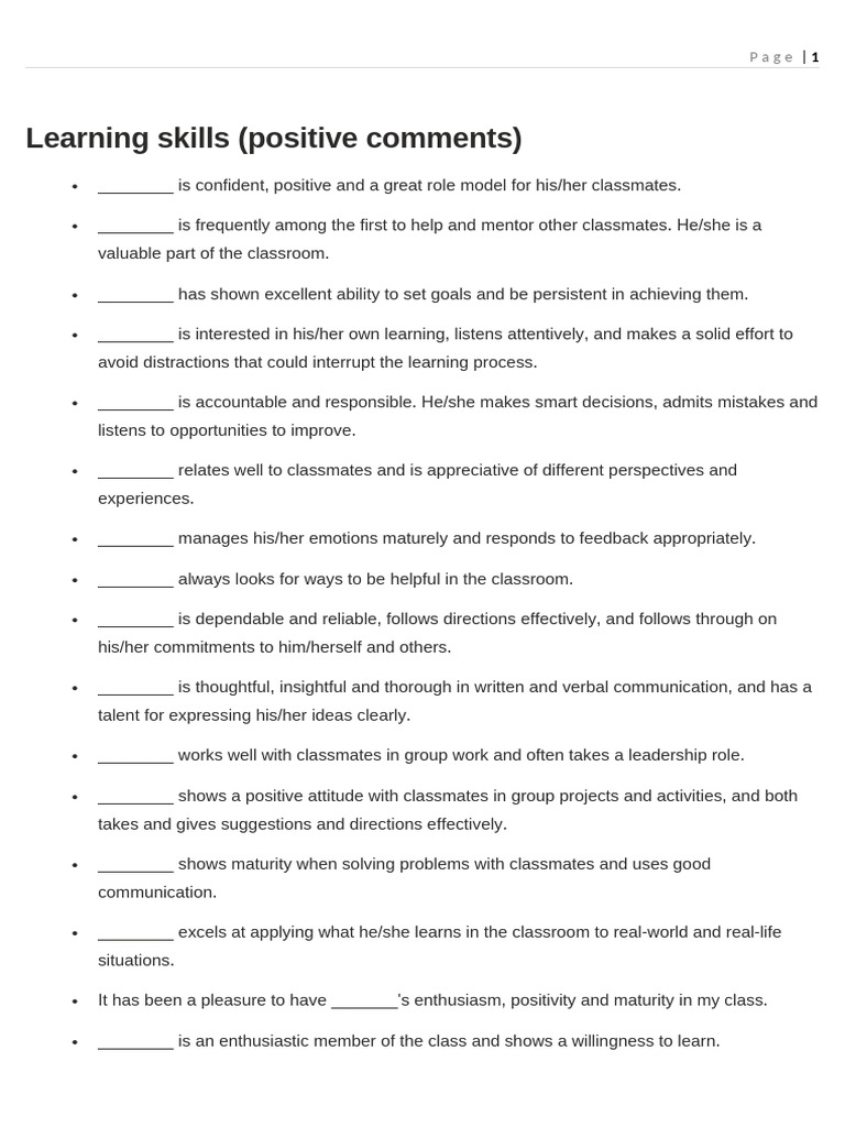 Comments for Report Cards | PDF | Reading Comprehension | Learning