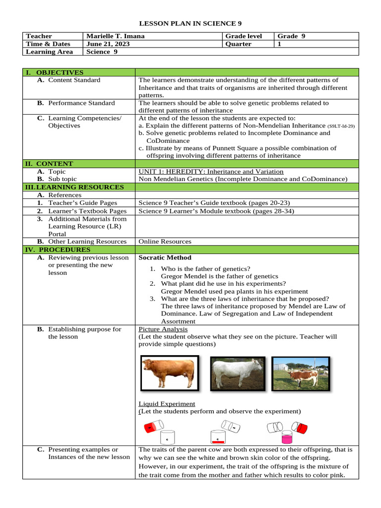 Science 9 Lesson Plan: Non-Mendelian Inheritance | PDF | Dominance ...