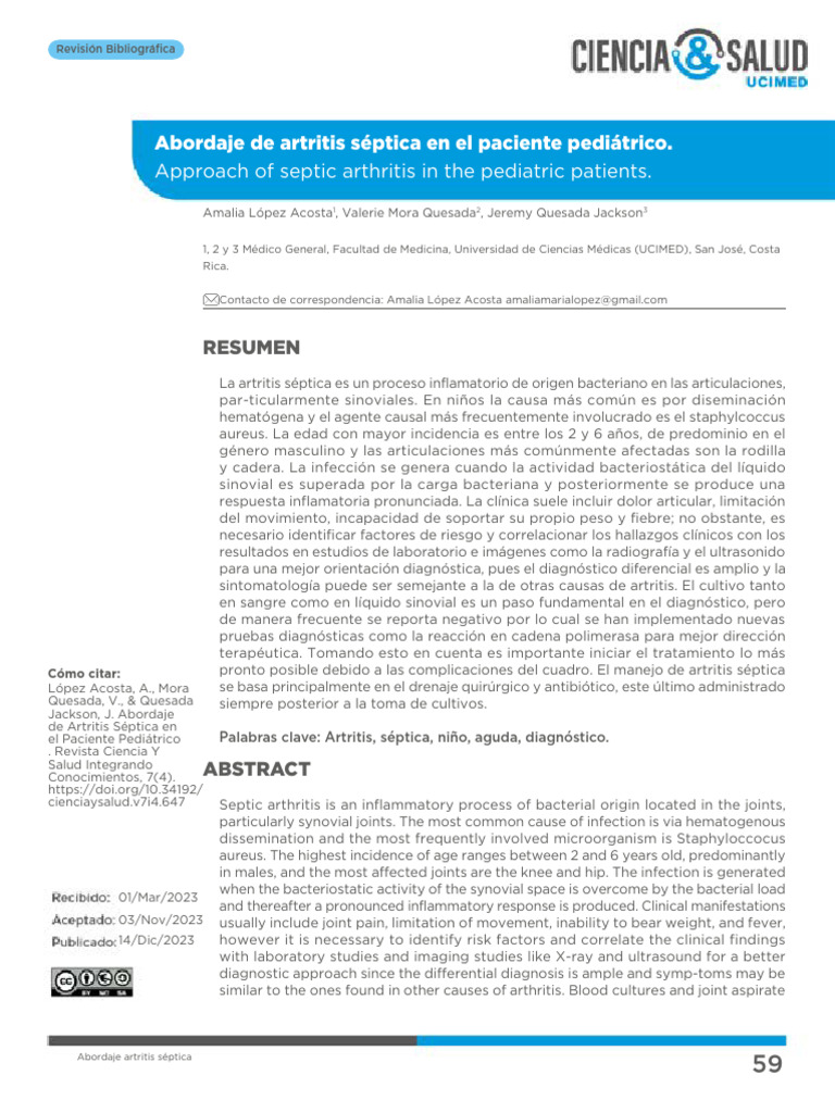 Approach of Septic Arthritis in The Pediatric Patients.: Abordaje de ...