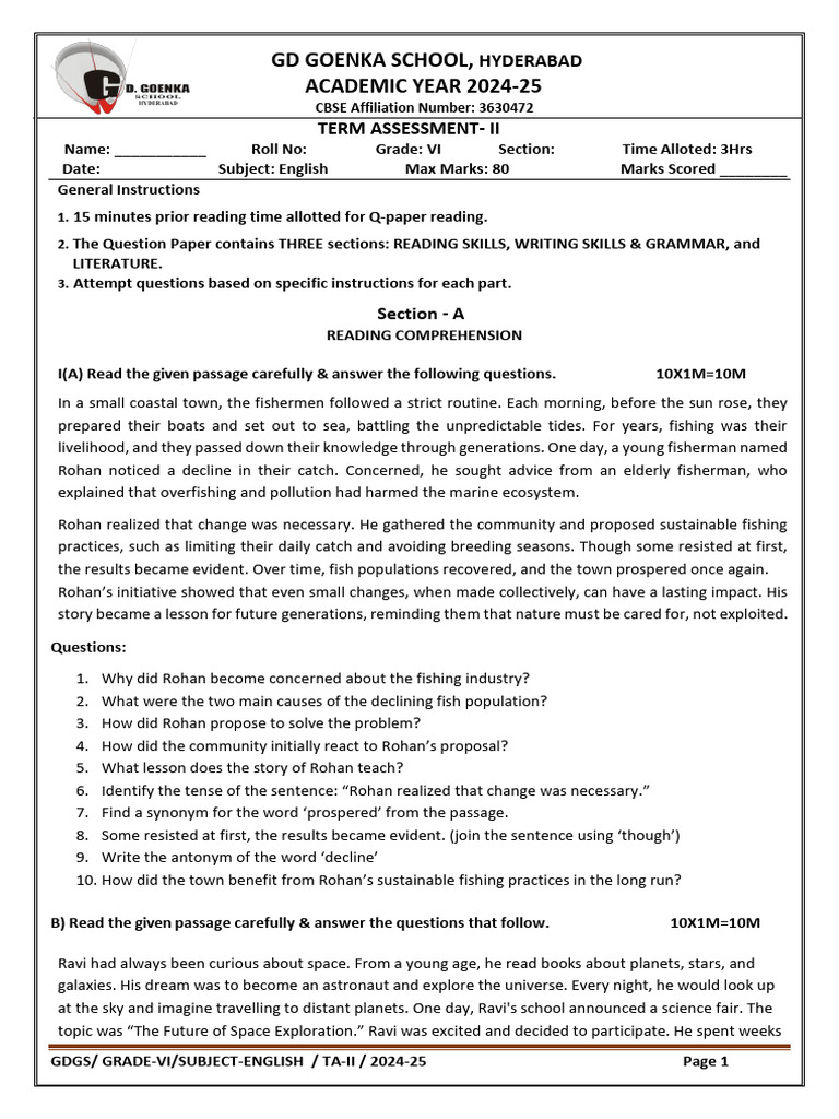 TA-II English Question Paper Grade 6 | PDF