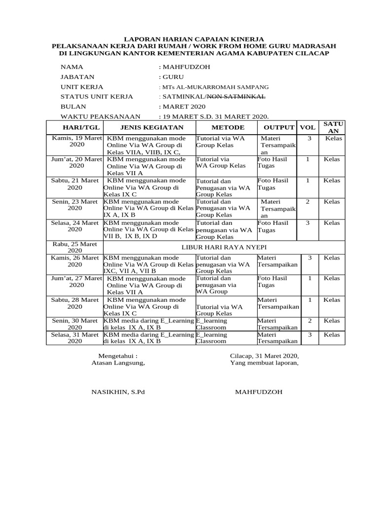 Form Laporan WFH Guru Madrasah | PDF