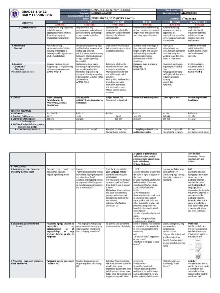 DLL - All Subjects 2 - Q4 - W2 - D3 | PDF