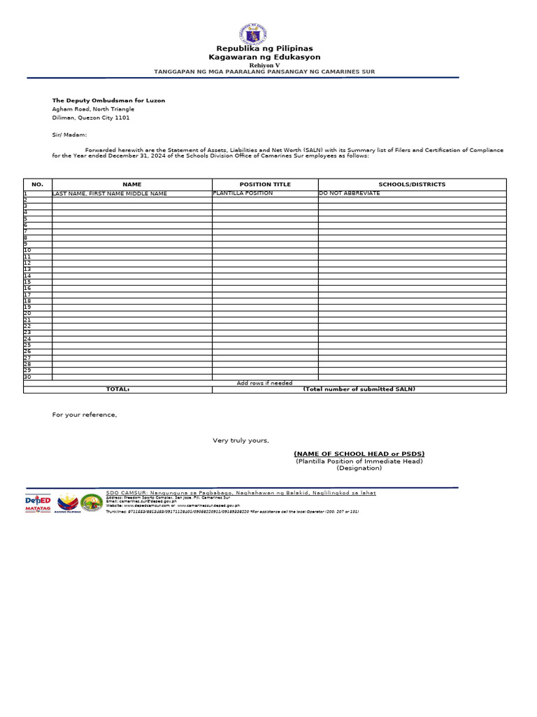 Transmittal of Saln Cy 2024 Template | PDF | Business Economics | Philippines