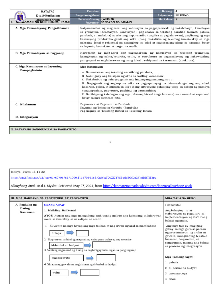 Q1 DLL Filipino - Matatag W3 | PDF