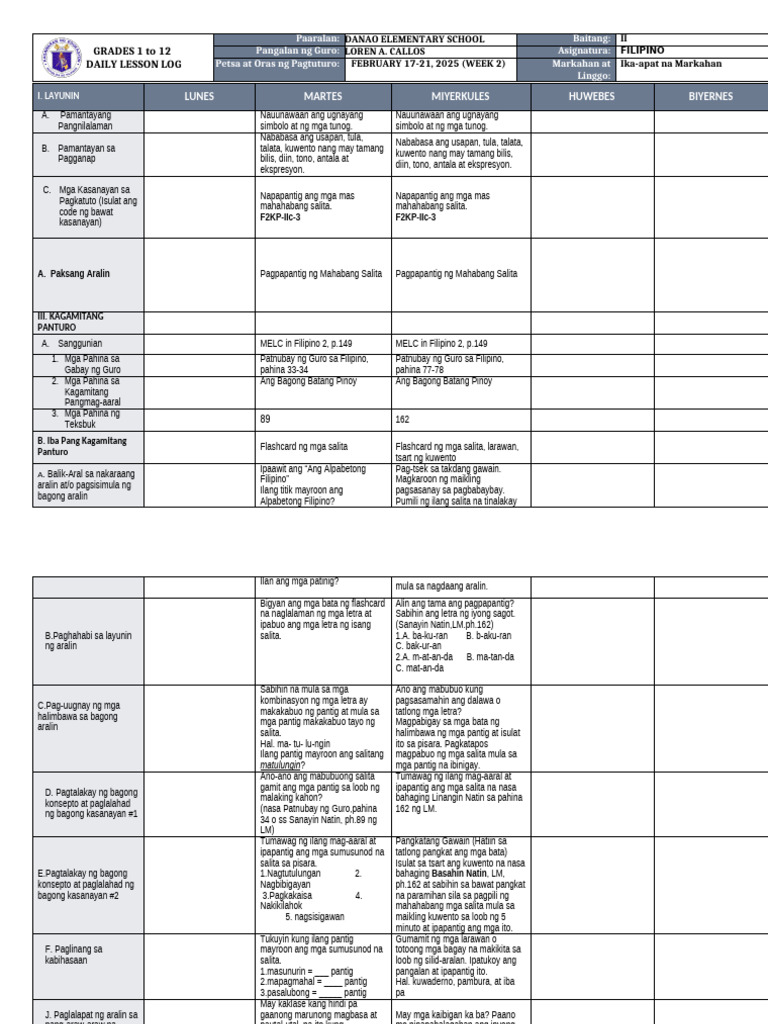 DLL - Filipino 2 - Q4 - W1 | PDF