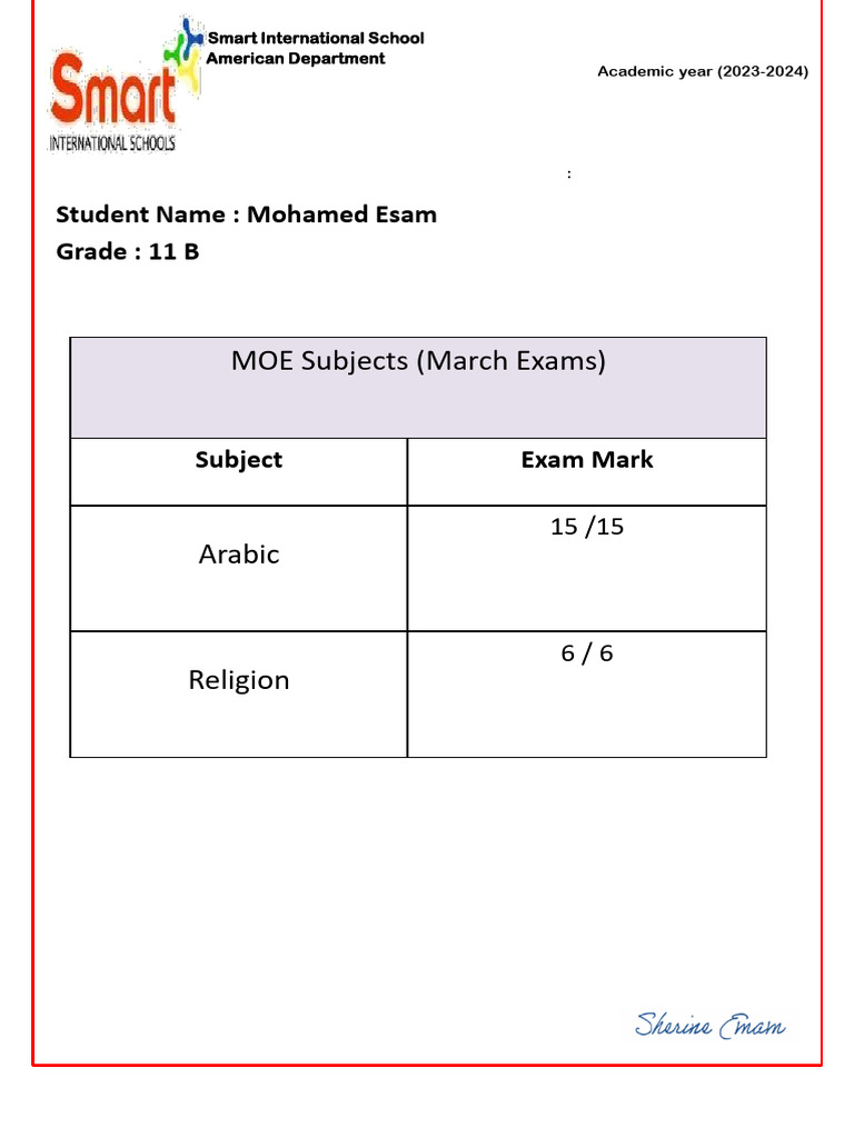 MOE Subjects (March Exams) : Student Name: Mohamed Esam Grade: 11 B | PDF