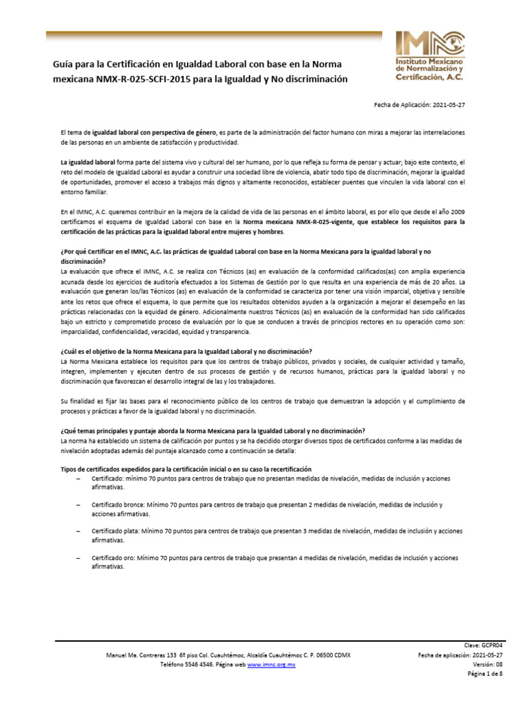 GCPR04 08 Guia para La Certificacion en Igualdad Laborar Con Base A La NMX R025 Scfi 2015 | PDF ...